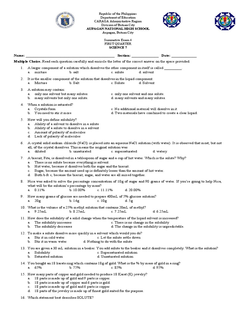 Q1 - Science7 - Summative4 (SY 2020-2021) | PDF | Solution | Solubility