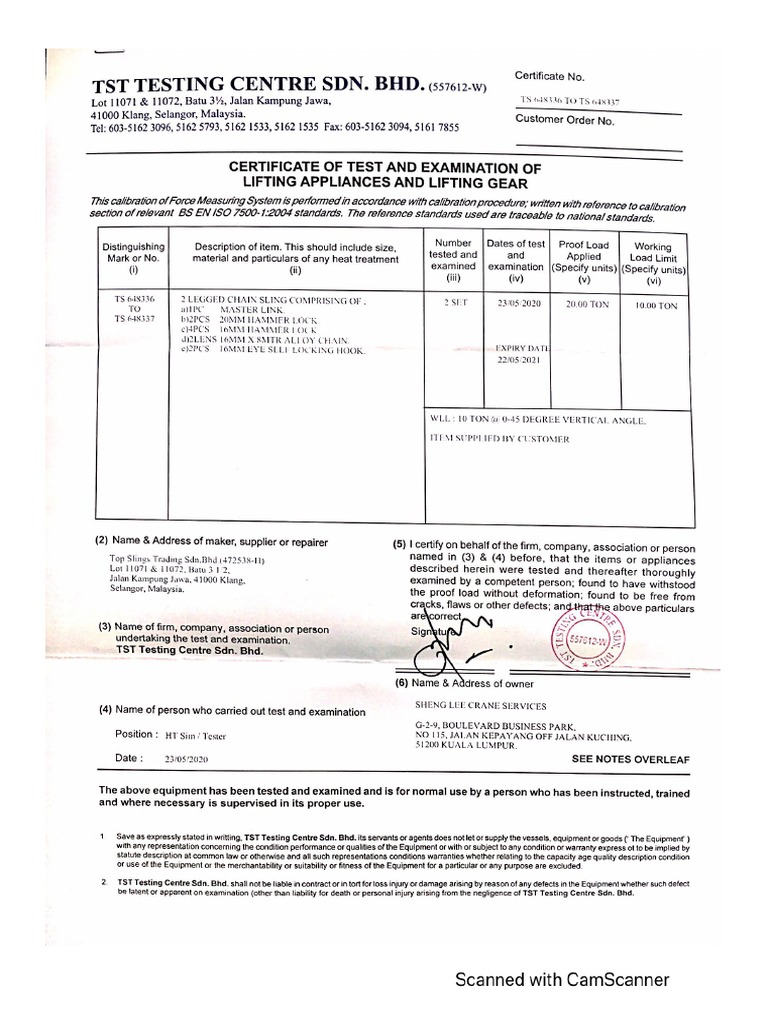 Certificate of Lifting Gear | PDF