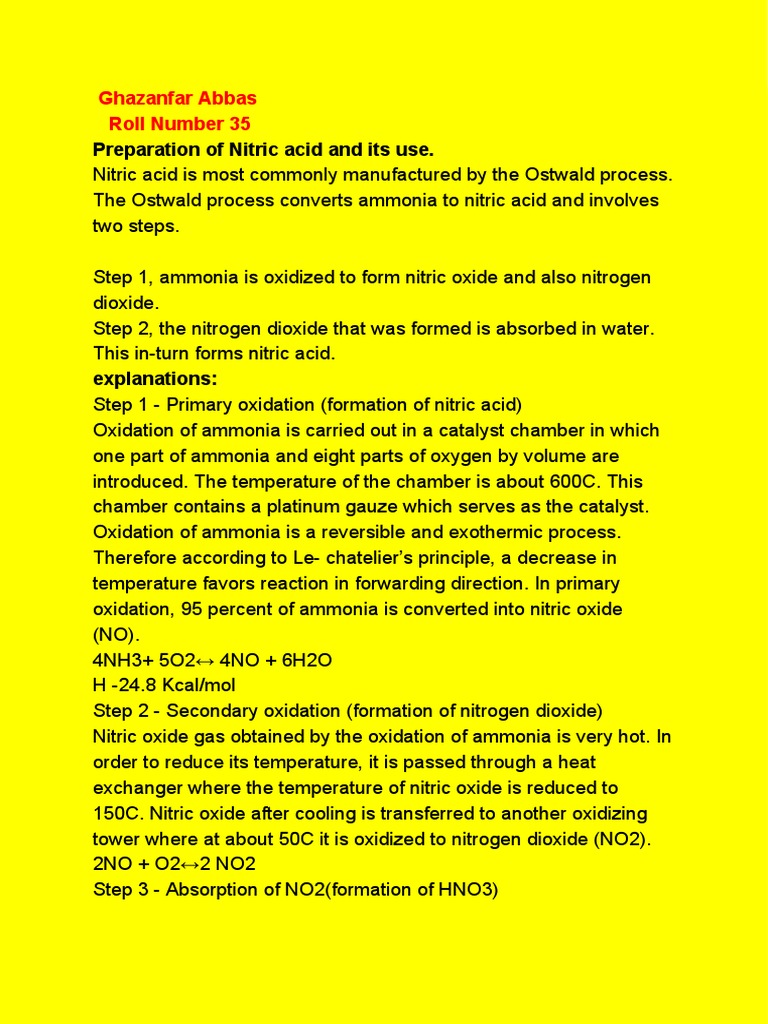 Nitric Acid Preparation via Ostwald Process | PDF | Science & Mathematics