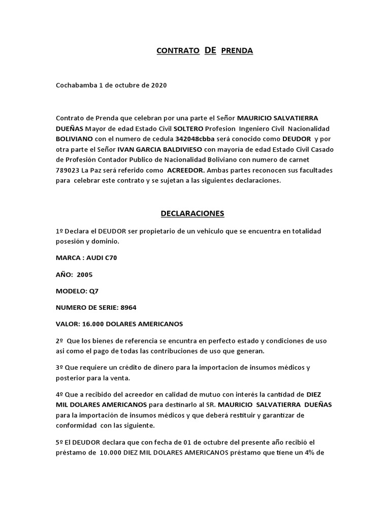 Modelo de Contrato de Prenda Automotor | PDF | Ley común | Derecho privado