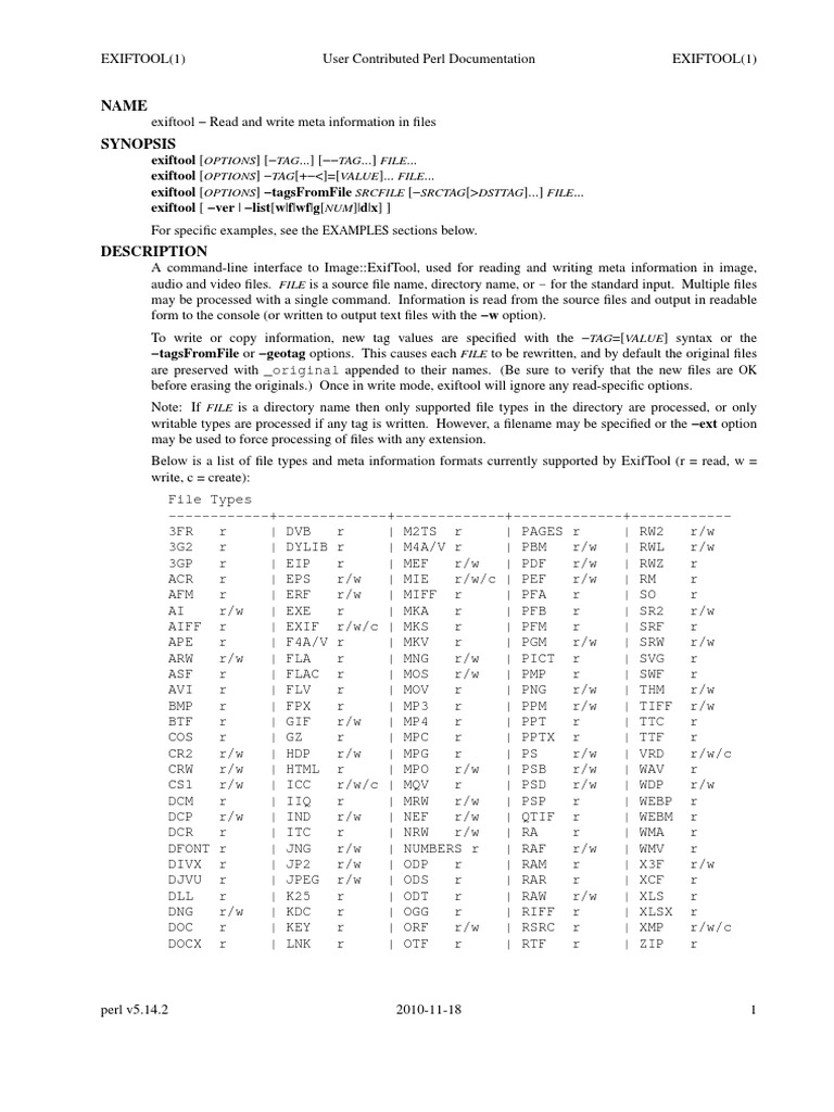 Name Synopsis: Exiftool (Exiftool (Exiftool (Exiftool ( Ver - List (W - F - WF - G ( | PDF ...