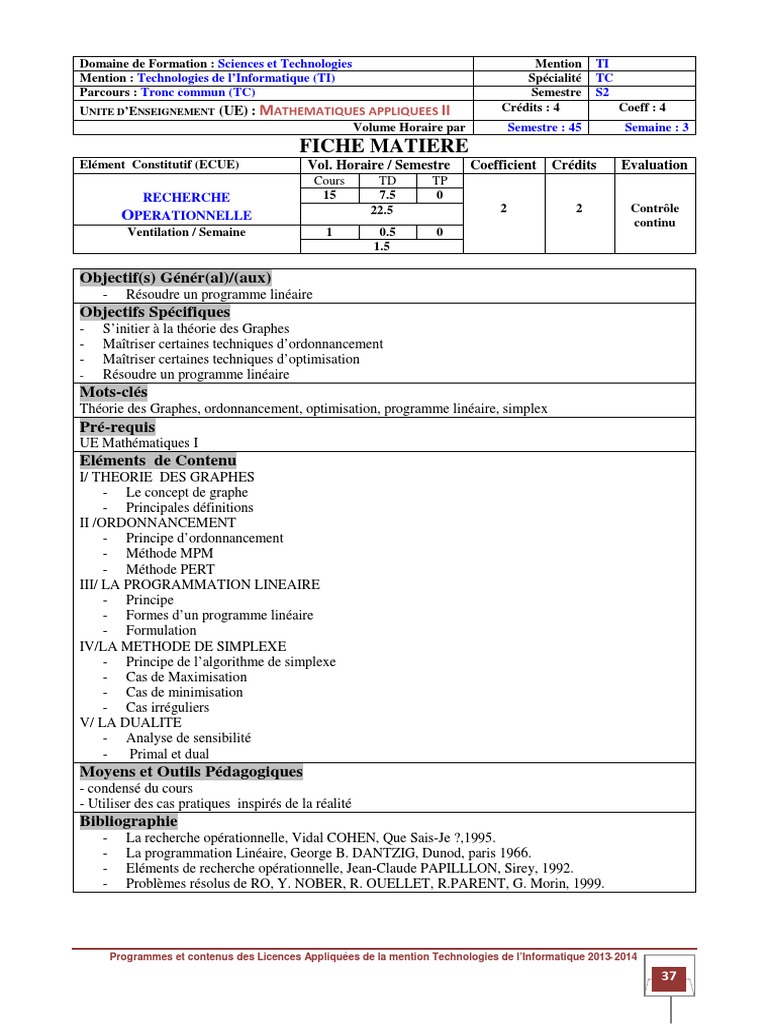 Fiche Matière RO TI | PDF | Optimisation linéaire | Recherche ...