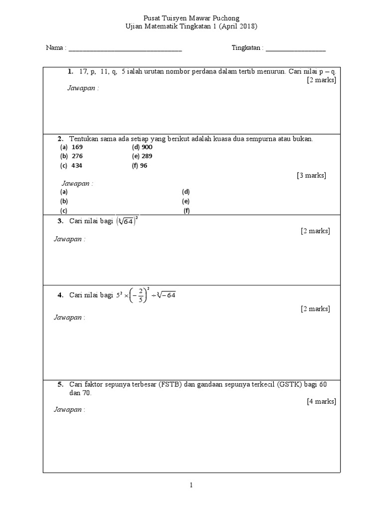 Matematik Tingkatan 1 | PDF