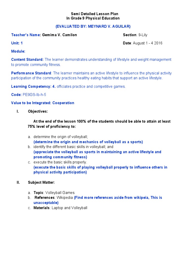 Volleyball Lesson Plan for Grade 9 | PDF | Sports & Recreation