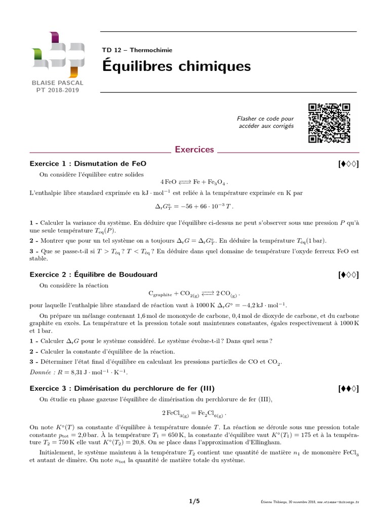 12 Thermochimie2 Td-Enonce | PDF | Équilibre chimique | Réaction d'oxydoréduction