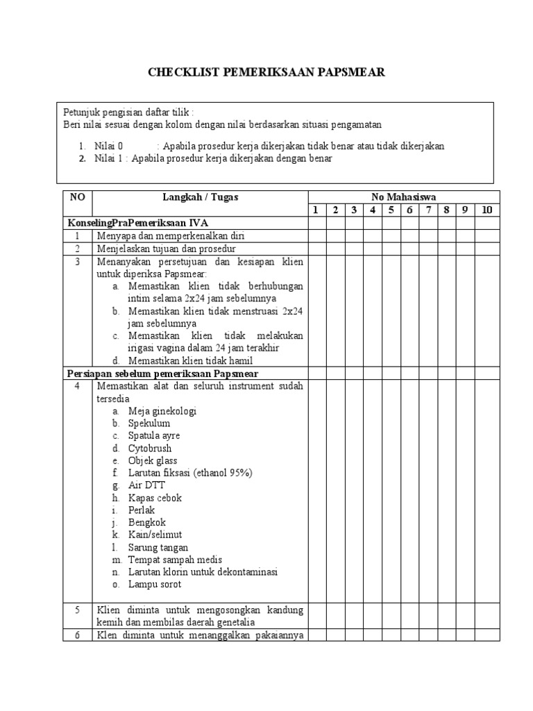 Checklist Pemeriksaan Papsmear | PDF