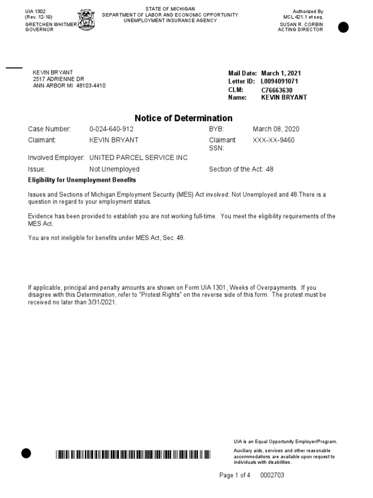 Notice of Determination: Claimant: Kevin Bryant Case Number: 0-024-640 ...
