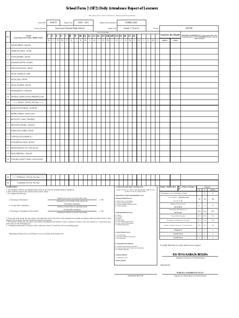 SF2 - 2020 - Grade 7 (Year I) - ASTER | PDF | High School Dropouts | Behavior Modification