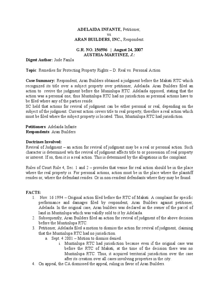 Infante V Aran | PDF | Complaint | Judgment (Law)