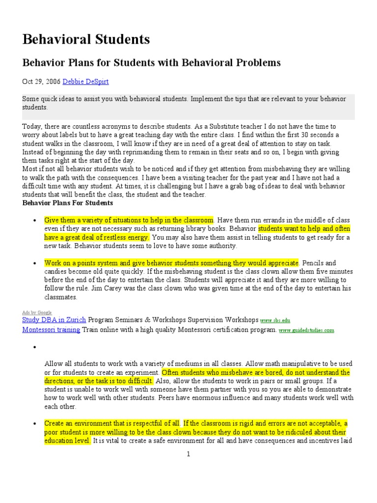 Behavioral Students | PDF | Classroom | Teachers