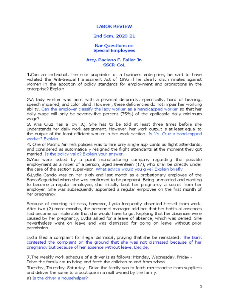 Labor Review 2nd Sem, 2020-21 Bar Questions On Special Employees Atty ...