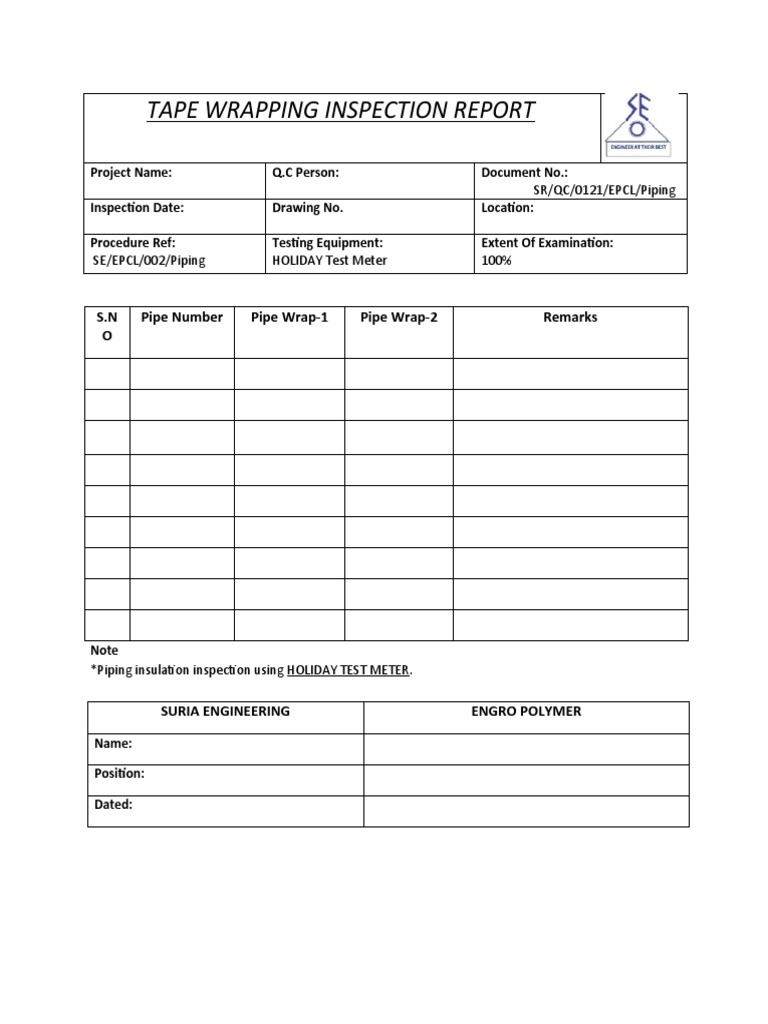 Tape Wrapping Inspection Report: S.N O Pipe Number Pipe Wrap-1 Pipe ...
