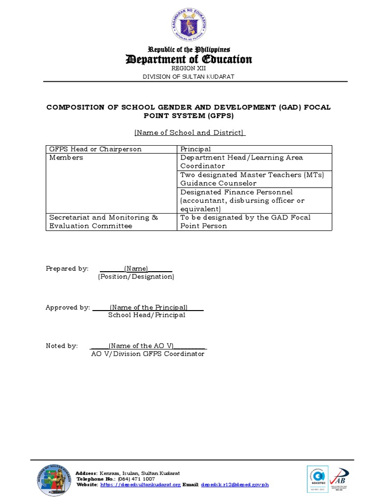 Composition of School GAD Focal Point System GFPS Template | PDF