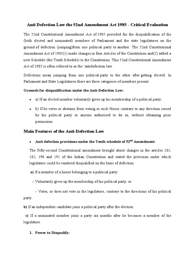 Anti Defection Law The 52nd Amendment Act 1985 - Critical Evaluation ...