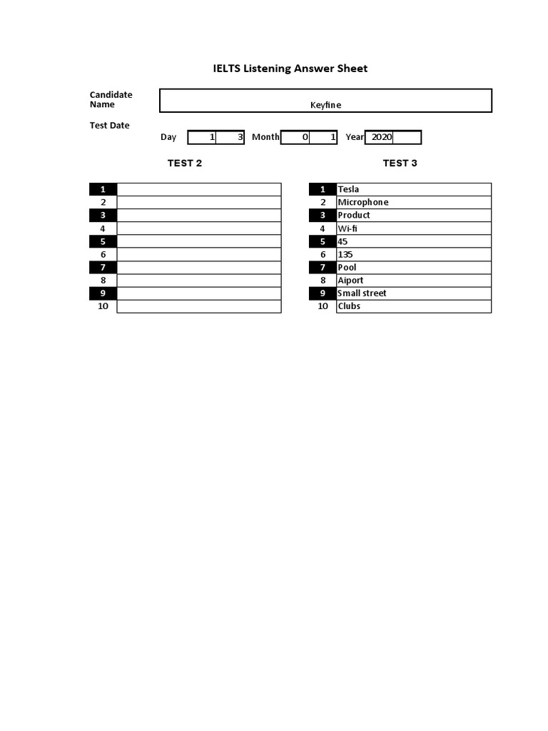 IELTS Listening Answer Sheet: Keyfine | PDF
