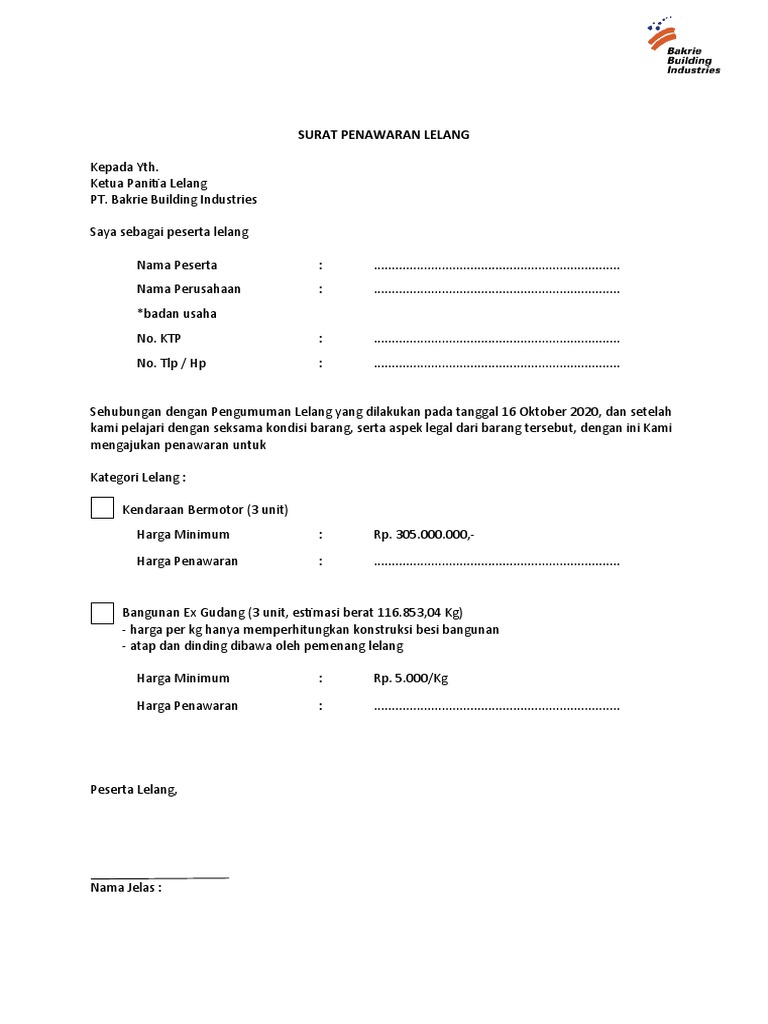 Surat Penawaran Lelang - L2 | PDF