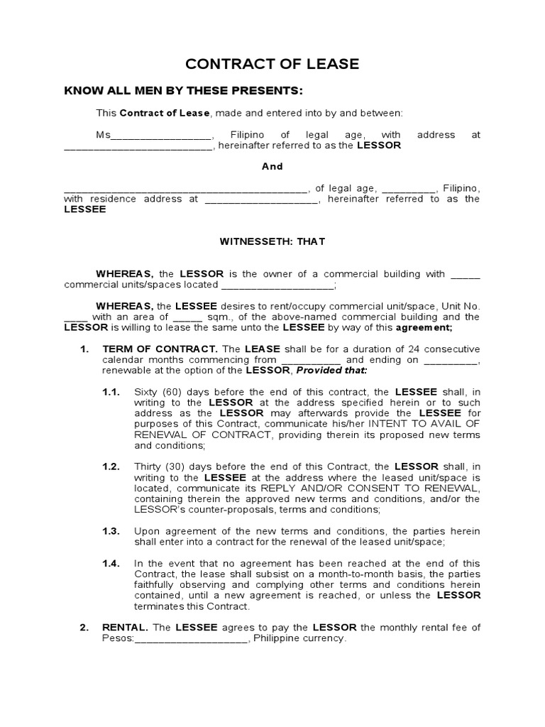 CONTRACT OF LEASE Sample | PDF | Lease | Business Law