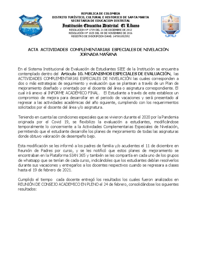 Acta Complementarias Especiales 2020 | PDF