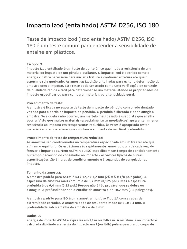 Impacto Izod ASTM D256 | PDF | Temperatura | Martelo