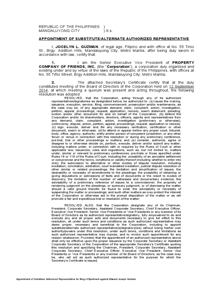 Appointment For Filing of Ejectment Against Edward Hurtado | PDF