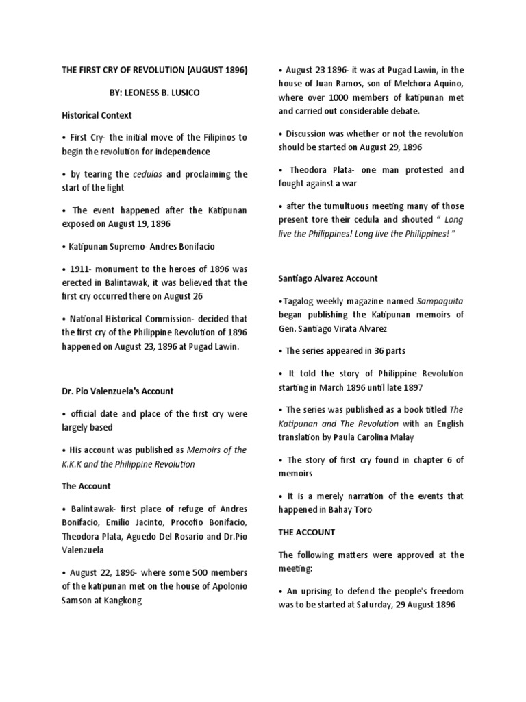 The First Cry of Revolution (August 1896) By: Leoness B. Lusico ...