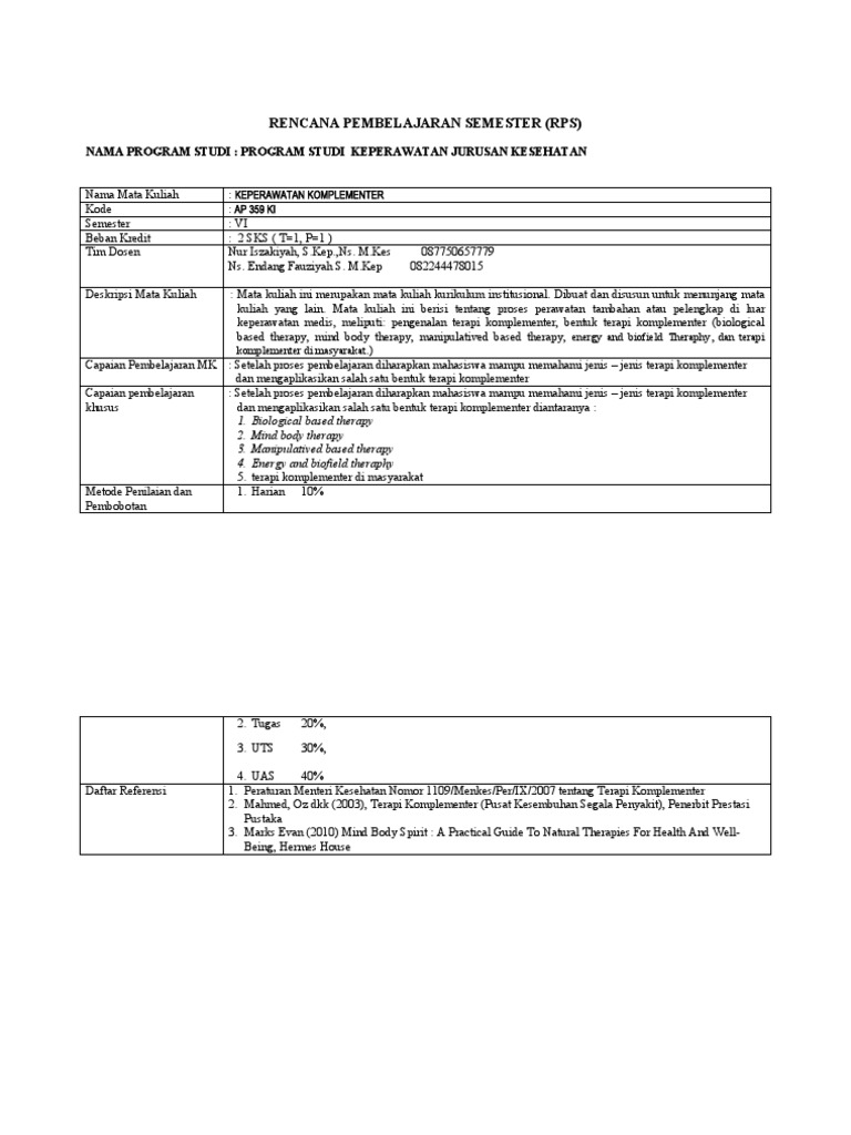 RPS Komplementer 20 Edit | PDF | Pengembangan Diri | Sains & Matematika