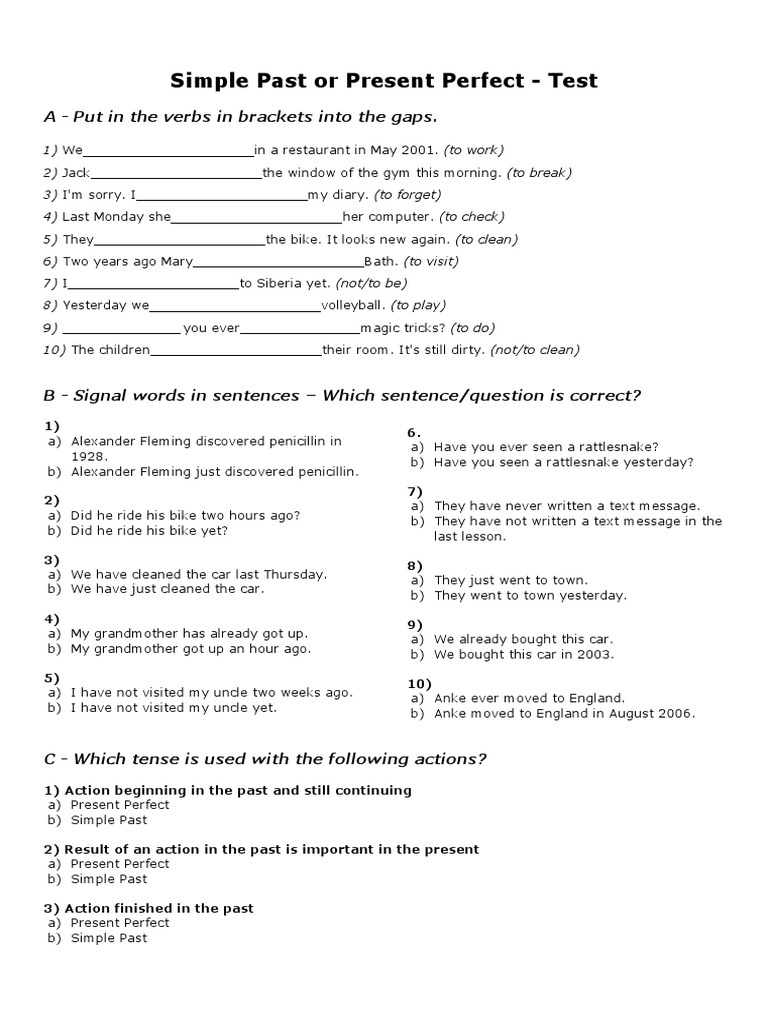Simple Past or Present Perfect - Test: A - Put in The Verbs in Brackets ...