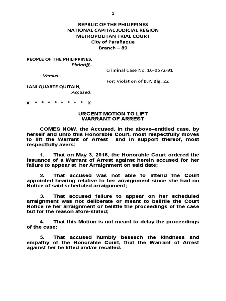 Urgent Motion to Lift Arrest Warrant | PDF | Arraignment | Arrest