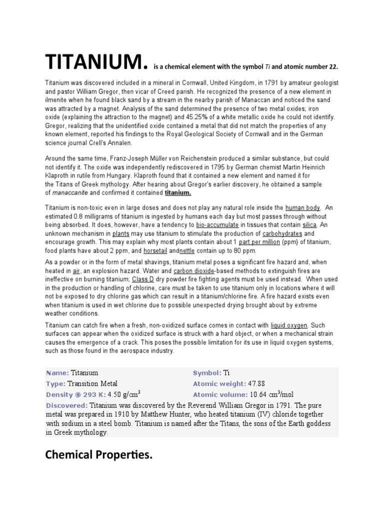 Titanium.: Chemical Properties | PDF | Titanium | Chlorine