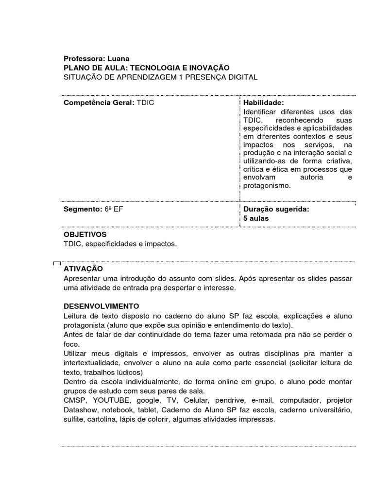 PLANO DE AULA - Doc Ro - 04 - 01 2021 Tec | PDF | Aprendizado | Ensinar e aprender