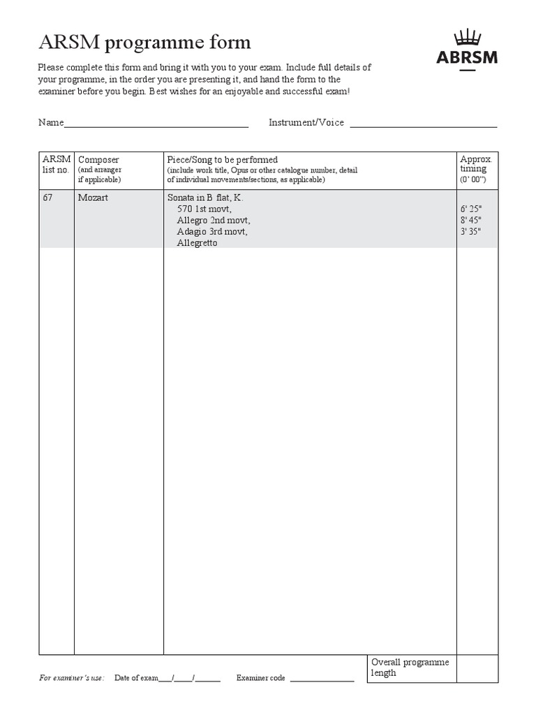 Blank A RSM Programme Form | Download Free PDF | Tempo | Musical ...
