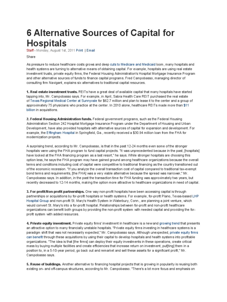 6 Alternative Capital Sources for Hospitals | PDF | Equity (Finance ...