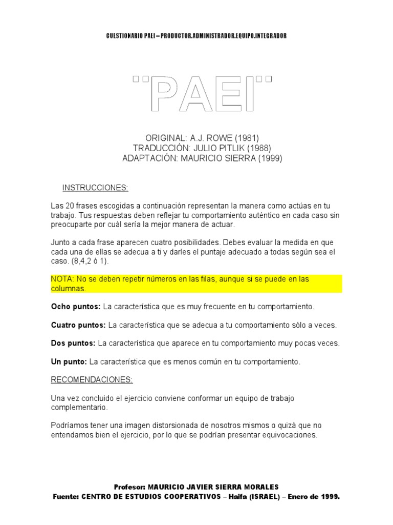 Resultados del Cuestionario PAEI para un Productor, Administrador ...