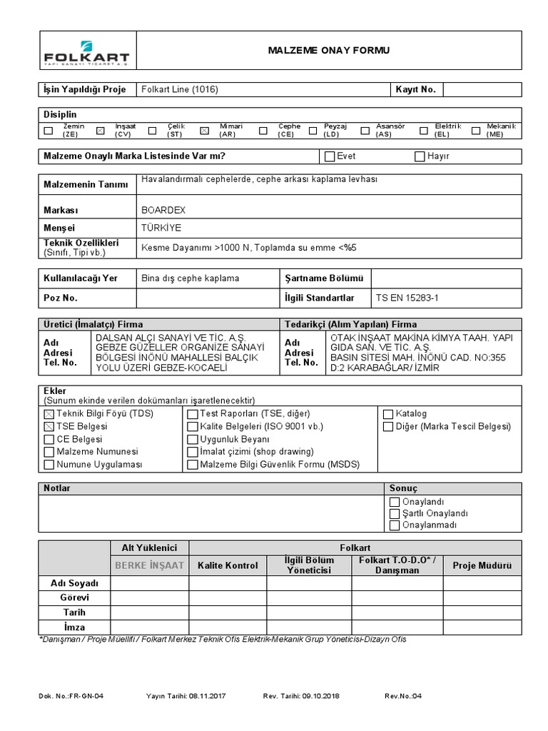 FR-GN-04 Rev 4 - Malzeme Onay Formu (DALSAN BOARDEX) | PDF