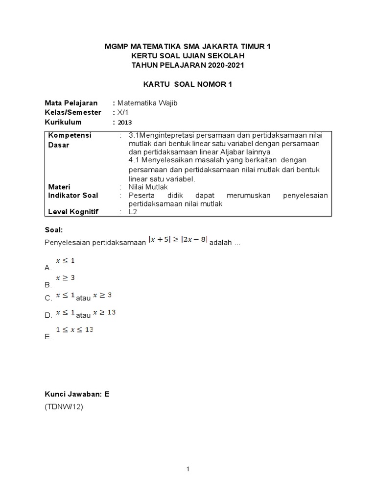 Us Wajib 2021 - (Kartu Soal Ujian Sekolah Matematika Wajib Tahun 2021 MGMP Mat JT 1) | PDF