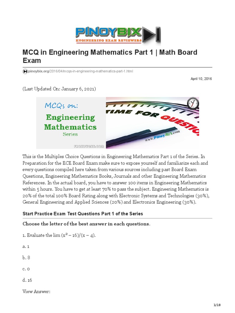 MCQ in Engineering Mathematics Part 1 Math Board Exam | PDF | Multiple ...