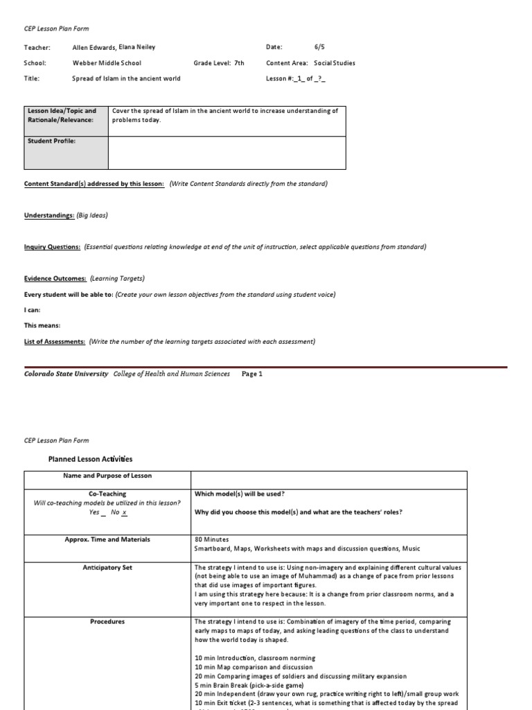 CEP Lesson Plan Template | PDF | Lesson Plan | Applied Psychology