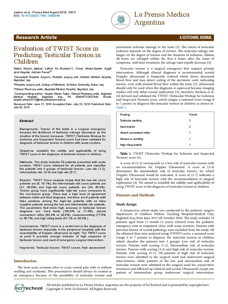 Evaluation of TWIST Score in Predicting Testicular Torsion in Children ...