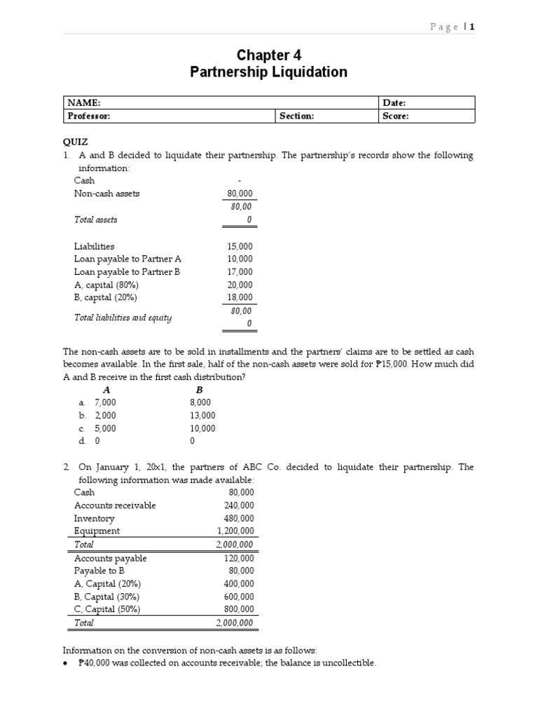 Quiz - Chapter 4 - Partnership Liquidation - 2020 Edition | PDF ...