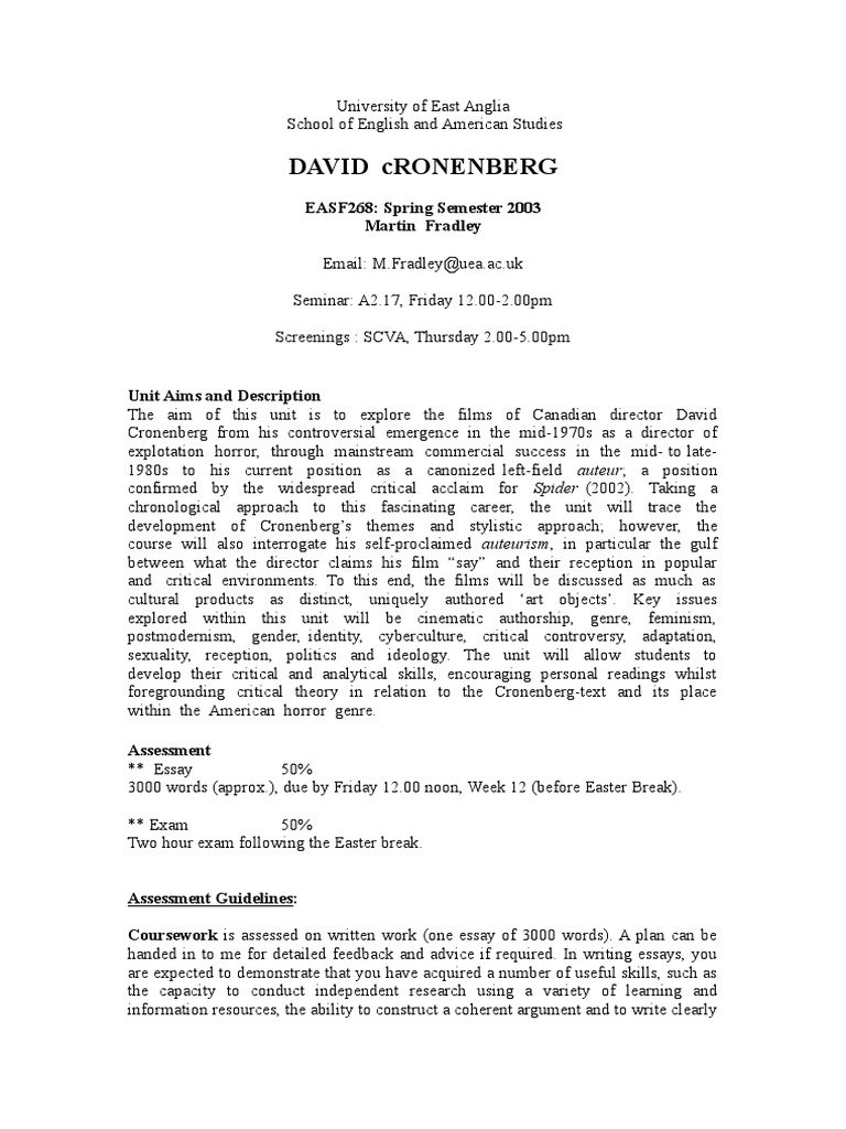 David Cronenberg: EASF268: Spring Semester 2003 Martin Fradley | PDF ...