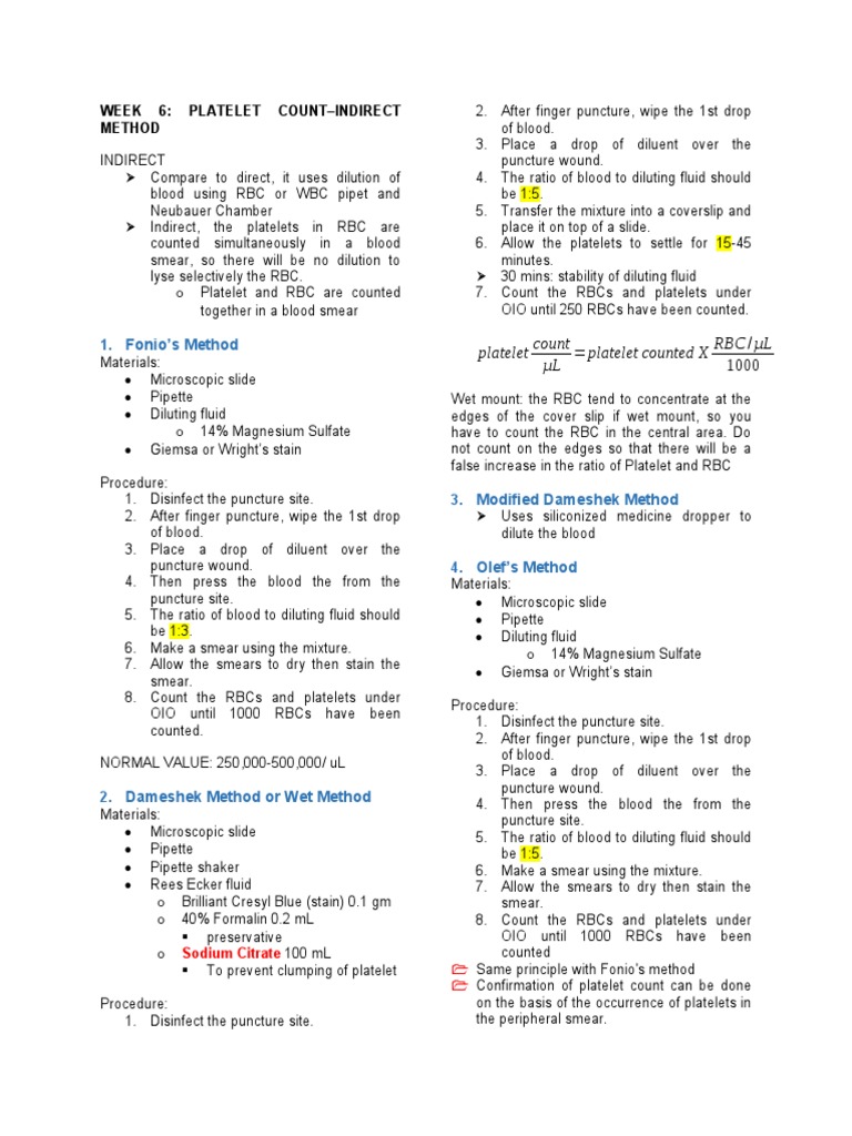 Week 6 Platelet Count-Indirect Method | Download Free PDF | Staining ...
