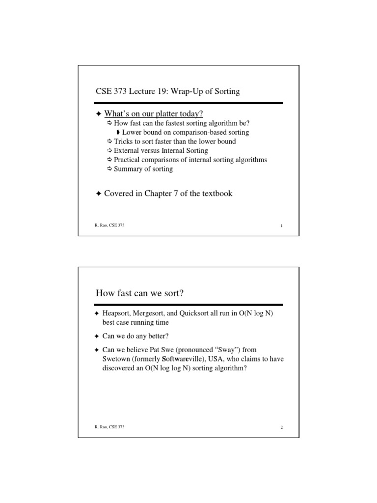 CSE 373 Lecture 19: Wrap-Up of Sorting What's On Our Platter Today? | PDF | Mathematical Logic ...