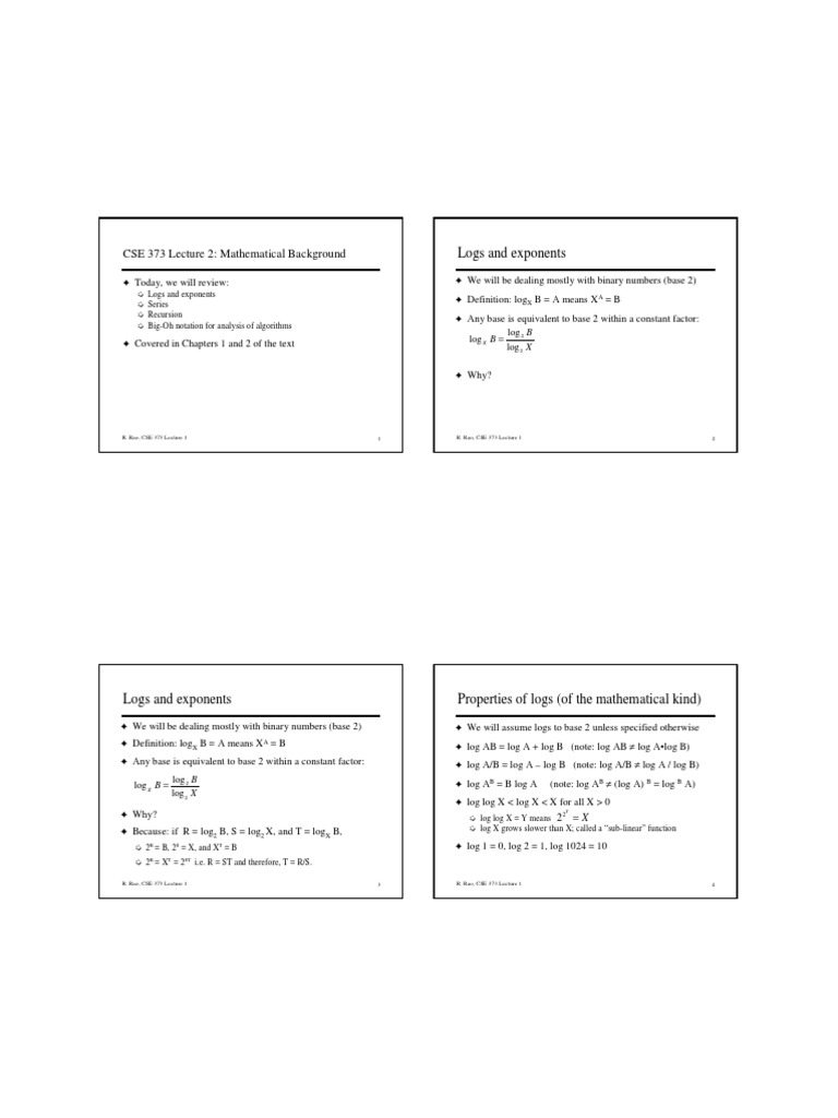 Logs and Exponents: CSE 373 Lecture 2: Mathematical Background | PDF | Time Complexity | Logarithm