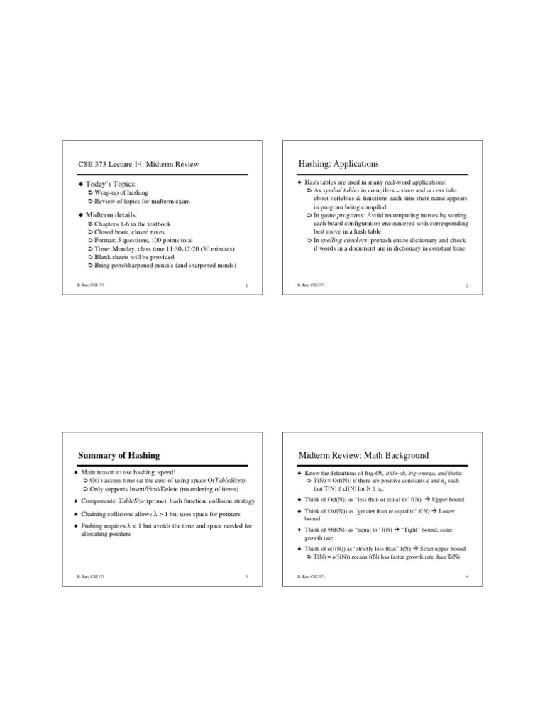 CSE 373 Lecture 14: Midterm Review Today's Topics:: Hashing: Applications | PDF | Applied ...