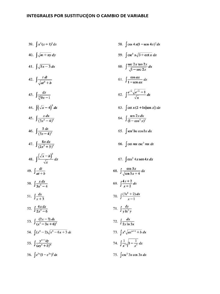 Ejercicios Integrales Por Sustitucion o Cambio de Variable | PDF