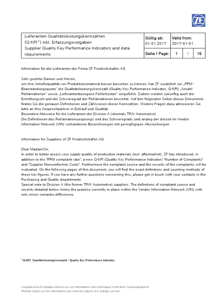 ZF-Determination of Supplier Quality Performance-Q-KPIs | PDF