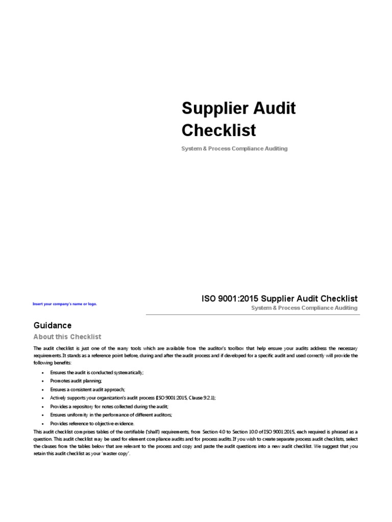 ISO 9001-2015 Supplier Audit Checklist | PDF | Iso 9000 | Audit