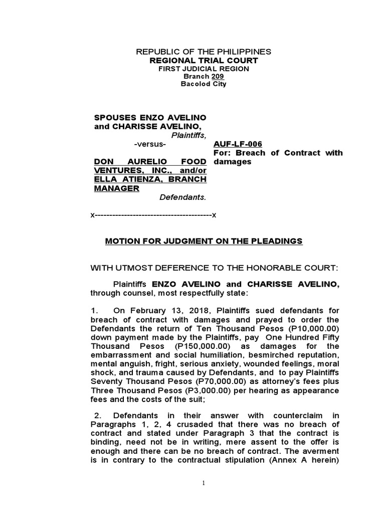 Regional Trial Court: Plaintiffs | PDF | Breach Of Contract | Lawsuit