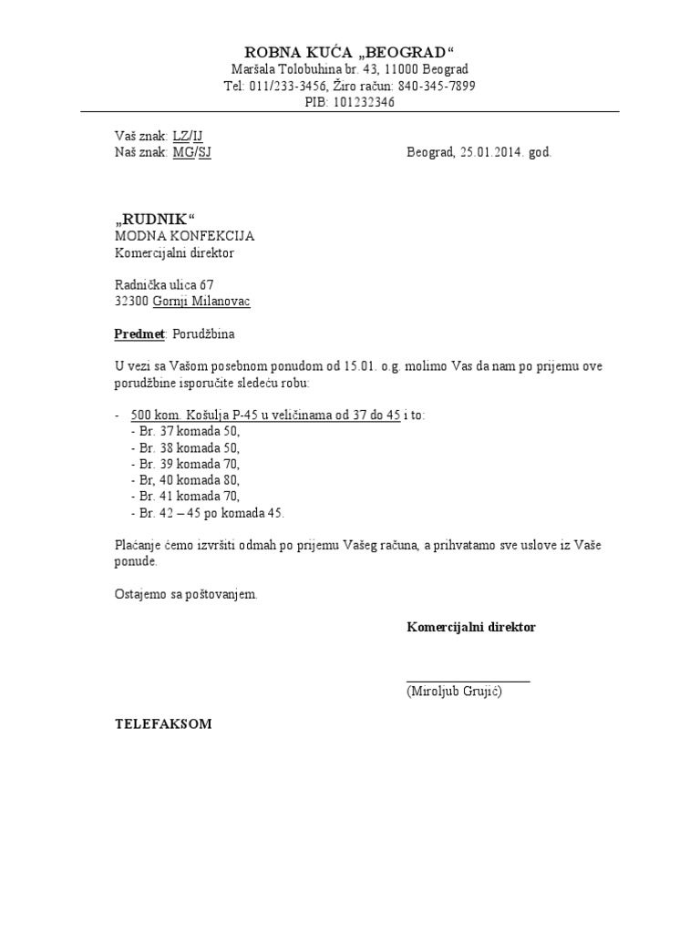 Primer Porudc5bebine Poslovno Pismo | PDF