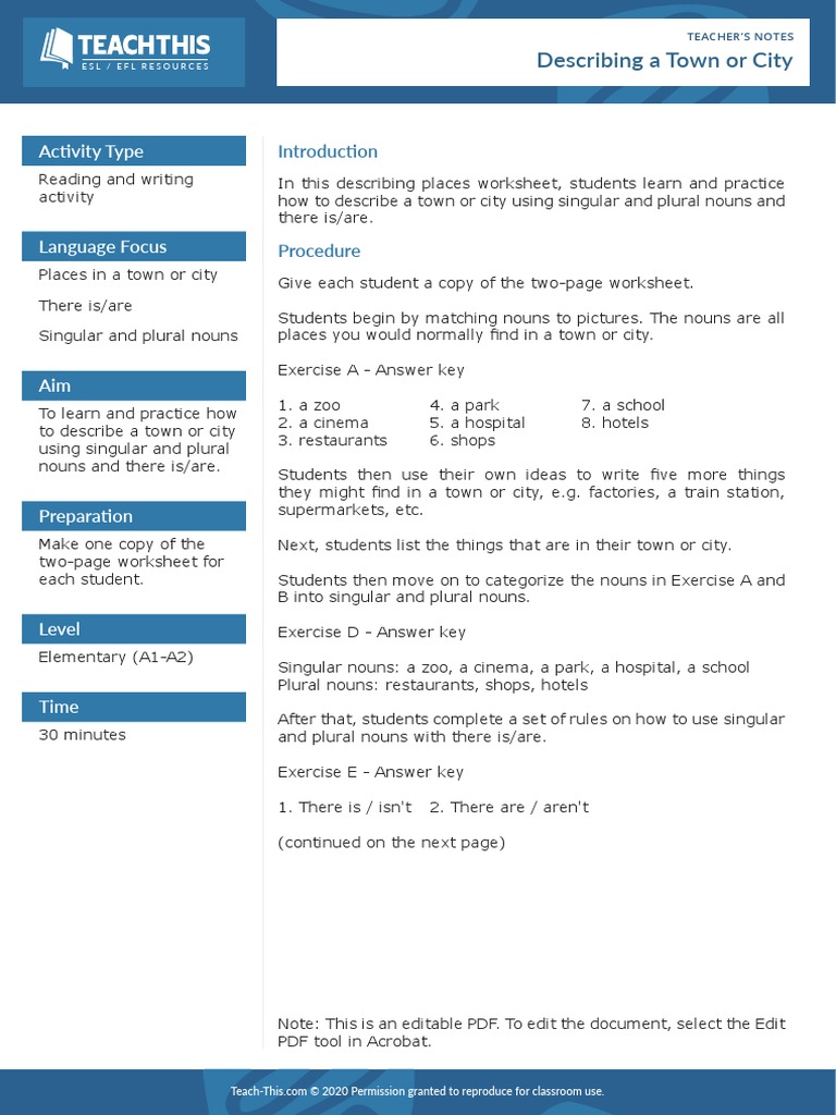 Describing A Town or City Worksheet | PDF | Plural | English As A ...